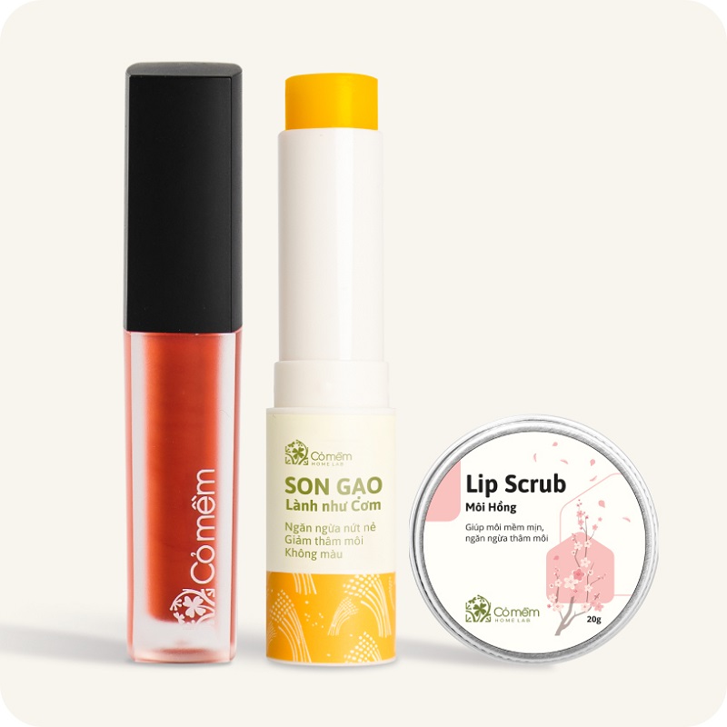 Combo (son kem Nhung, Son dưỡng, Tẩy tế bào chết môi